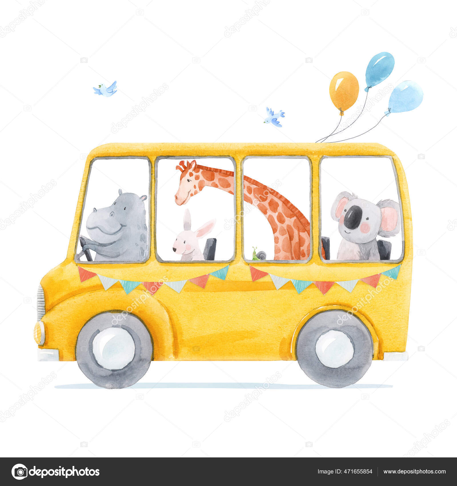 Beautiful stock illustration with cute hand drawn watercolor bus with ...