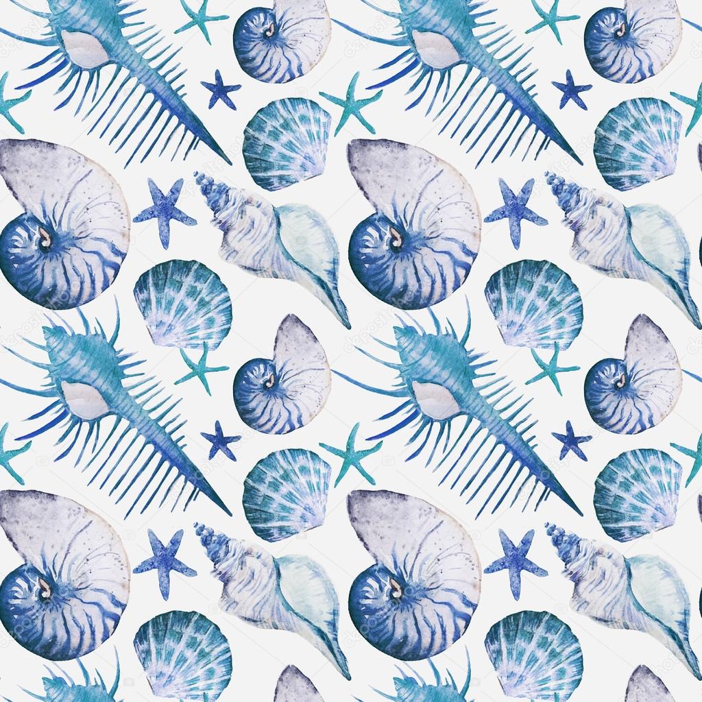 Watercolor corals, shell and starfish, pattern Stock Photo by ...