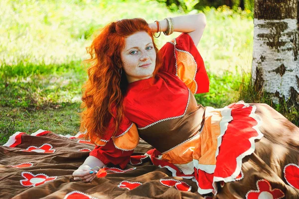 Awesome Girl Freckles Red Hair Posing Lowered Red Dress Bare Stock