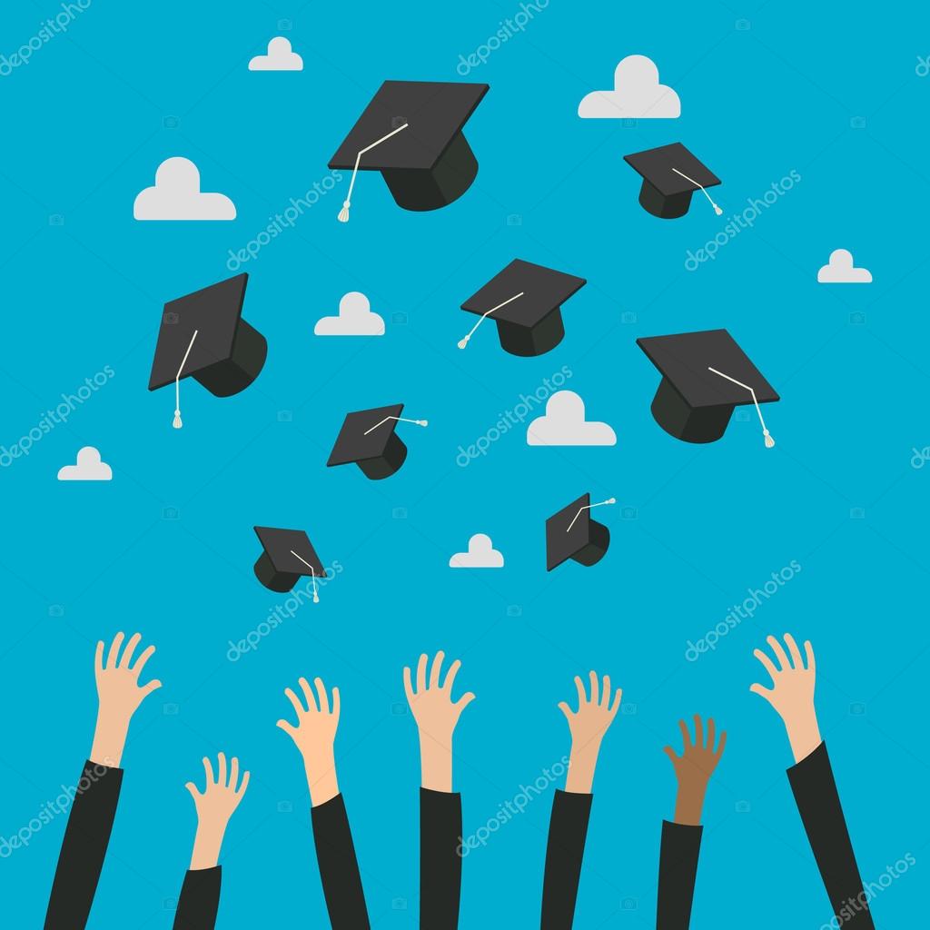 Green Graduation Caps In The Air