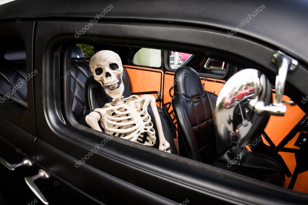 Laughing Skeleton as a Passenger in an Old Car — Stock Photo ...