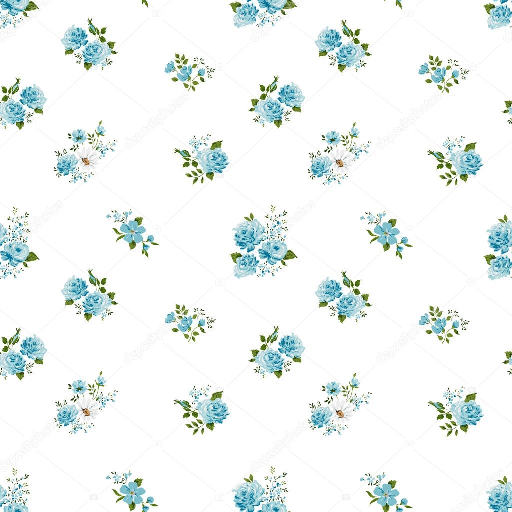 美しいビンテージ シームレス花柄背景です。白地にブルーのバラのブーケ Stock Vector By ©kalou 69935581