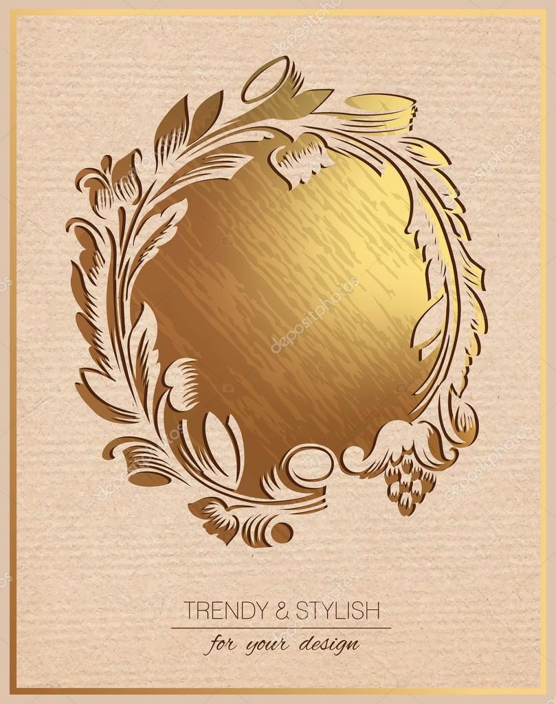 Invitation card with gold floral ornament. Template frame design for ...