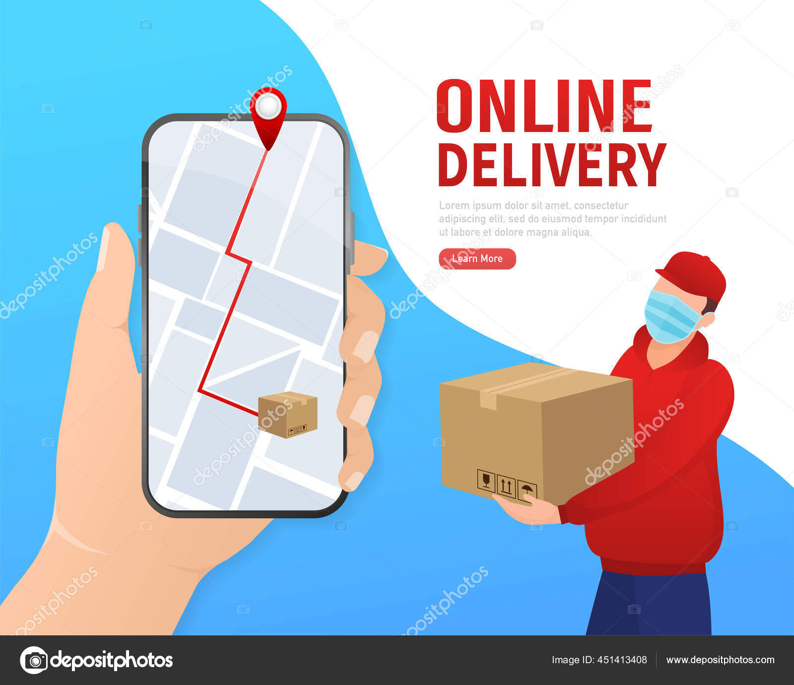 Flat infographic with red online delivery for mobile app design. Food ...
