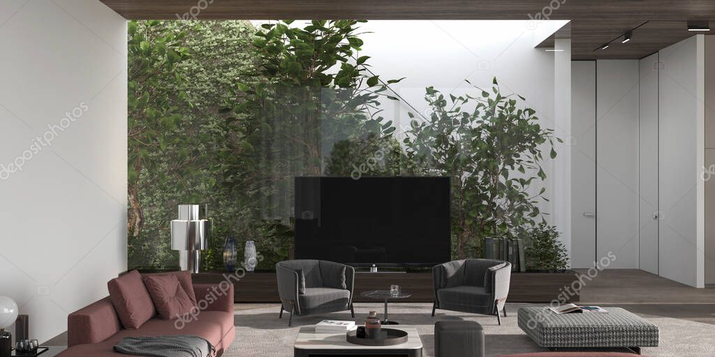 Lujosa casa de diseño interior minimalista. Sala de estar con plantas ...