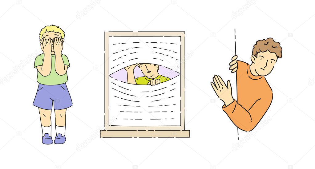 Hombre, niños espiando desde la esquina del edificio, niño a través de ...