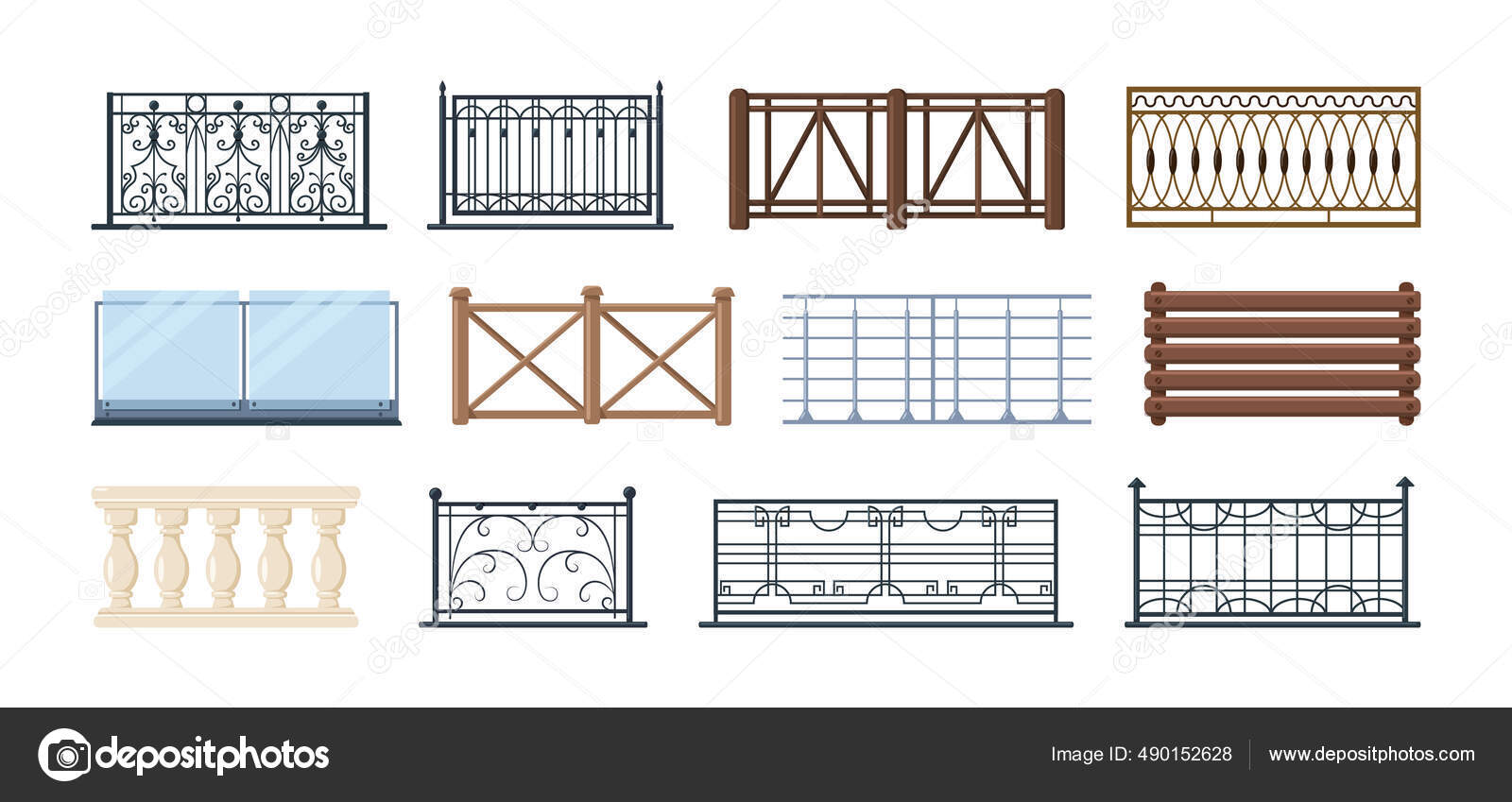 Set Balcony Railing Vintage Modern Home Balconied Facade Door Entrance ...