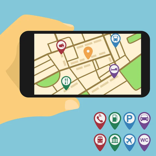 Mobile GPS navigation map and pin marker with modern digital device. Flat Isometric style ...