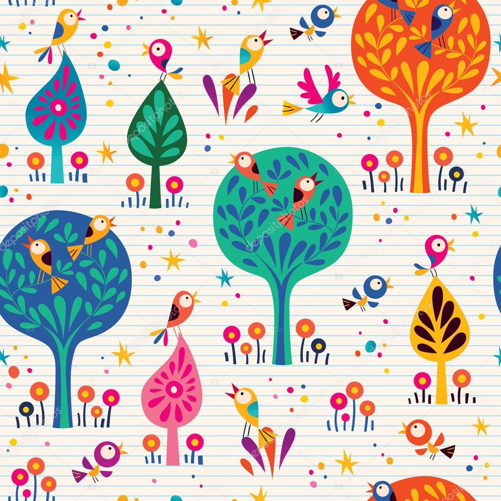 Birds in the trees nature seamless pattern with lined paper background ...