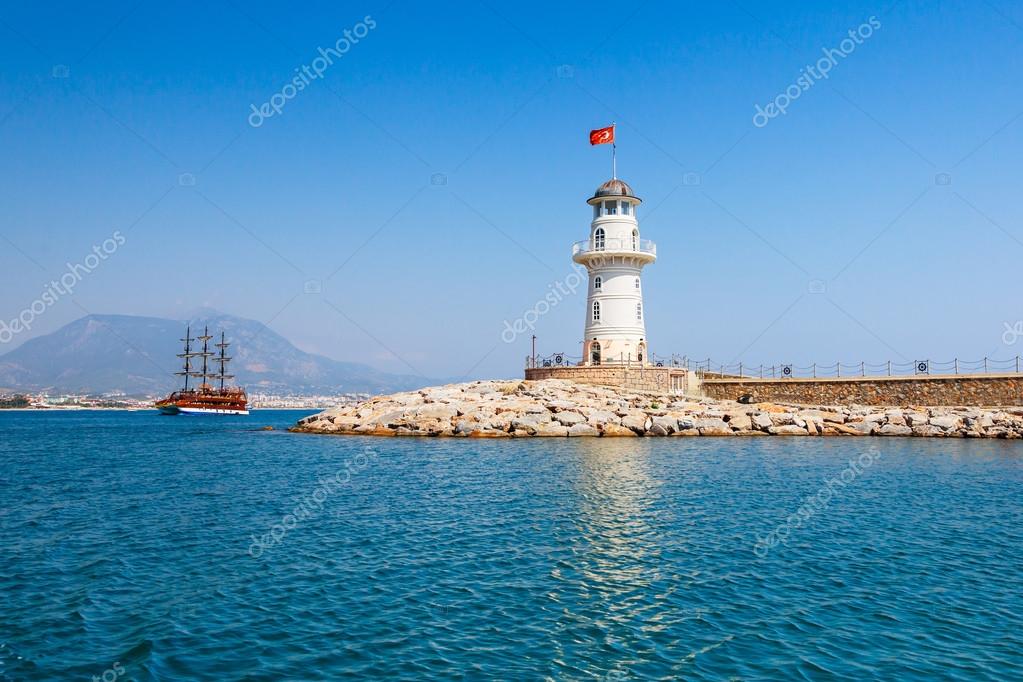 Lighthouse in Alanya, Antalya district, Turkey, Asia. View on city from ...
