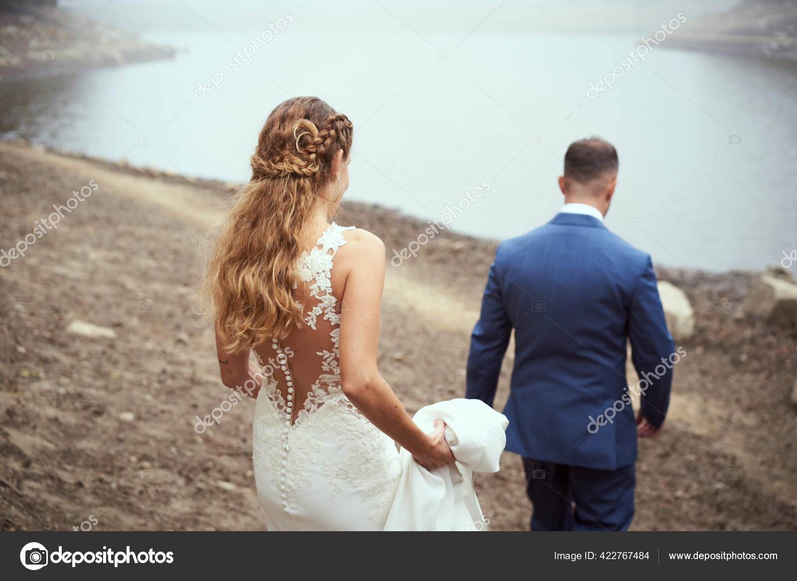 Back View Newly Married Couple Walking Lake Foggy Day Stock Photo by ...