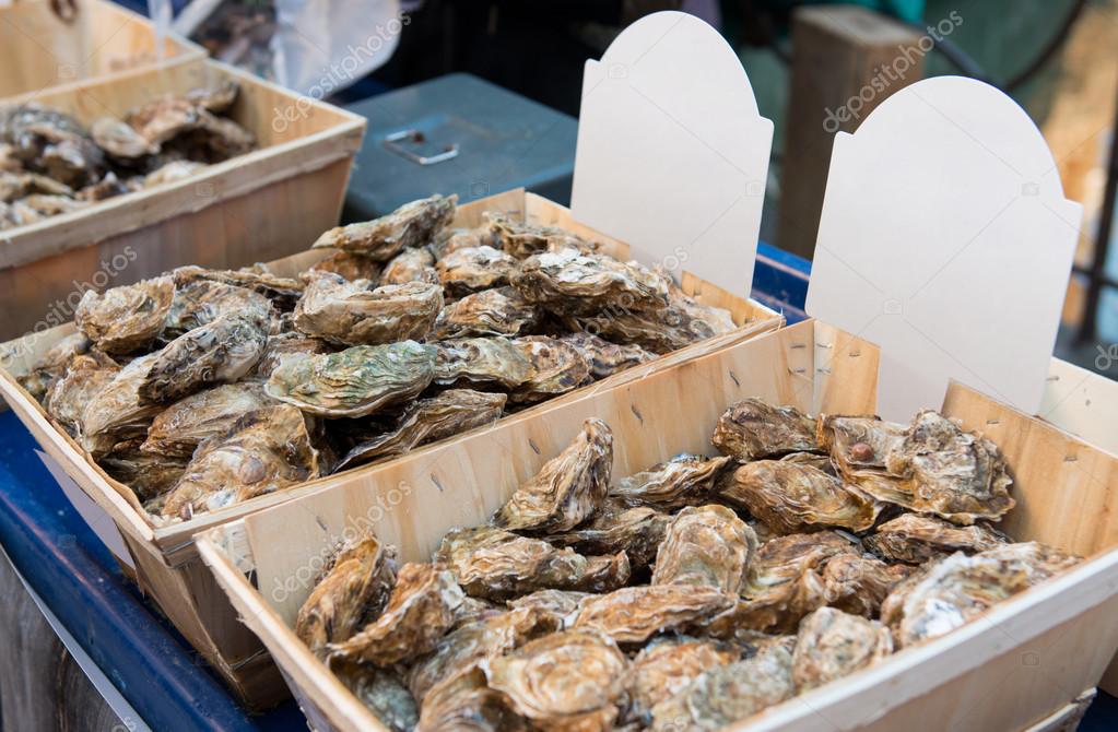 Fresh oysters in a box at the fish market Stock Photo by ©PolinaParm ...