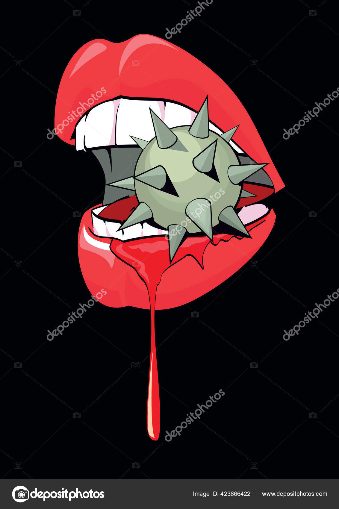 Vector Illustration Female Mouth Biting Spiked Metal Sphere Black ...