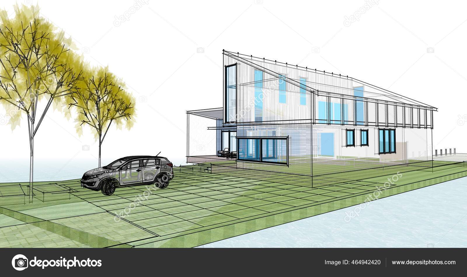 Sketch Modern House Rendering — Stock Photo © SAdesign #464942420