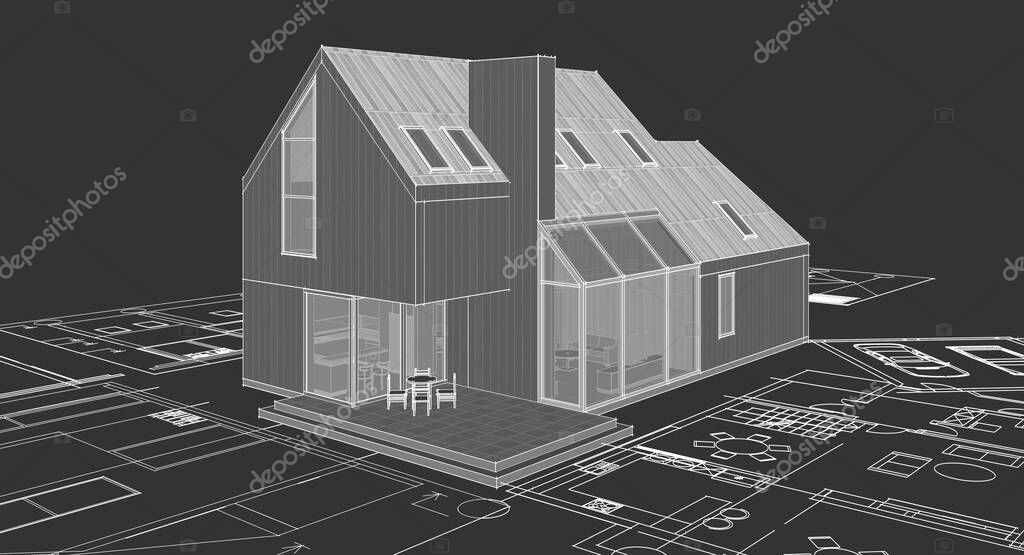 casa moderna proyecto arquitect nico bosquejo 3d ilustraci n 2024