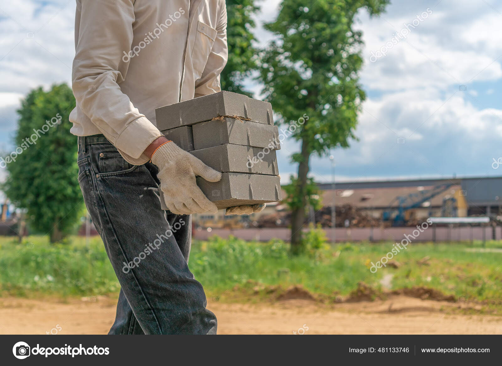 Working Man Has Taken Lot Concrete Bricks Moving Them Right Stock Photo ...