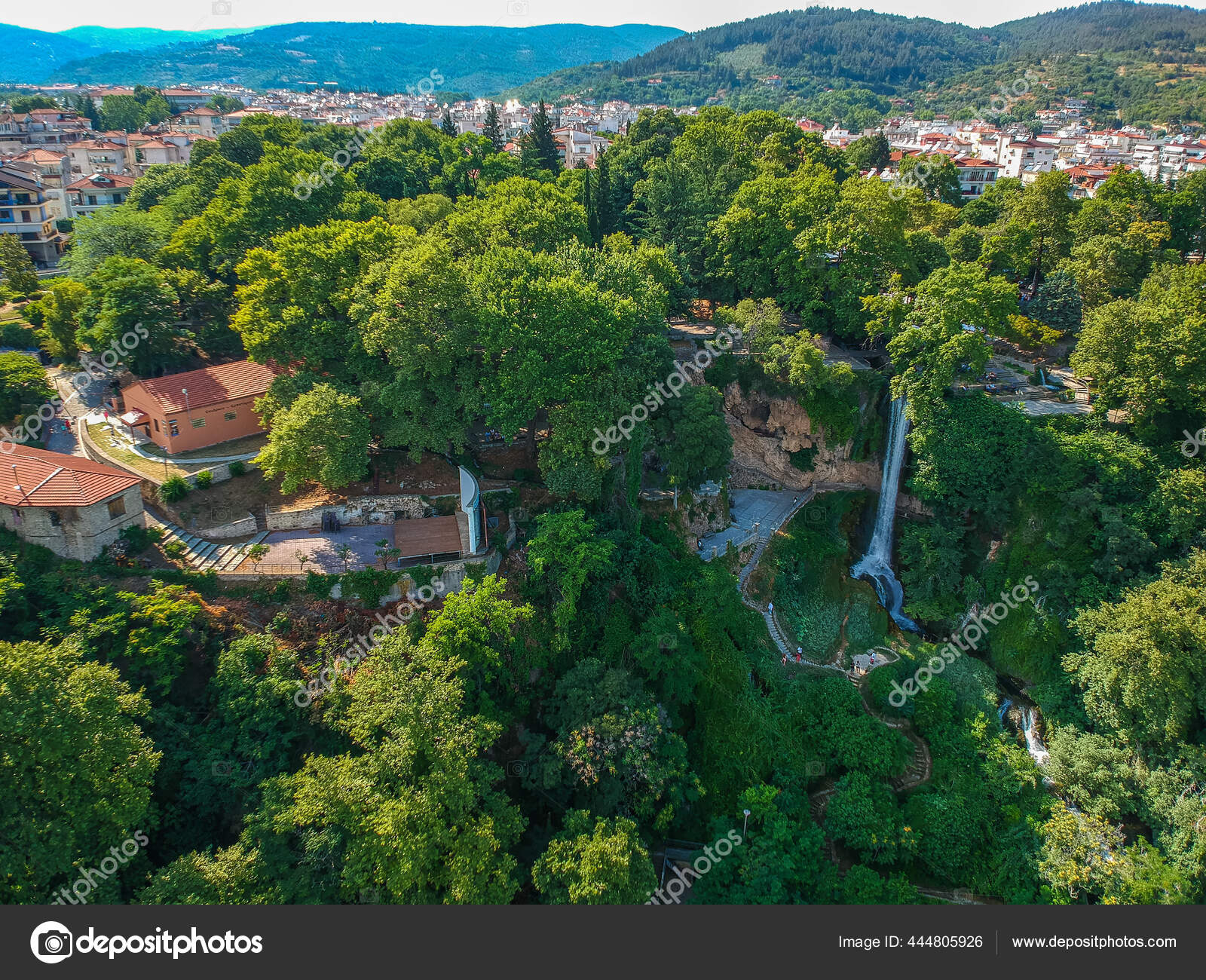 Aerial Panoramic View Powerful Waterfalls Edessa Surrounded Area Edessa ...
