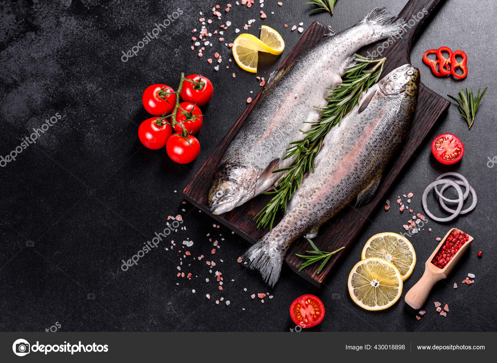 Raw Trout Lie Black Stone Chopping Board Dark Concrete Table Stock ...