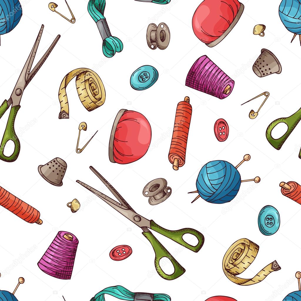 Seamless pattern with sewing tools. Vector hand drawn tailor equipments ...