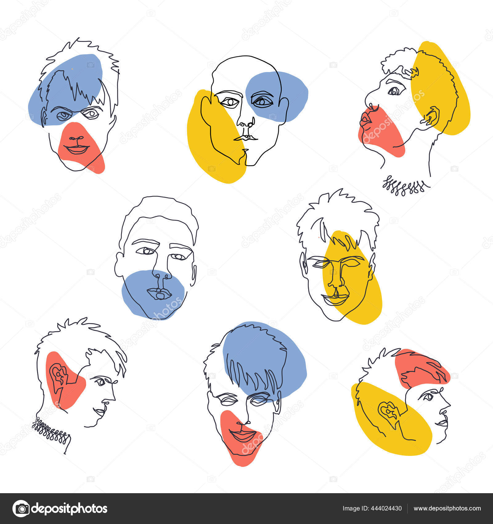 Set of face men. Line art and abstract spots. Red, blue, yellow. Face ...