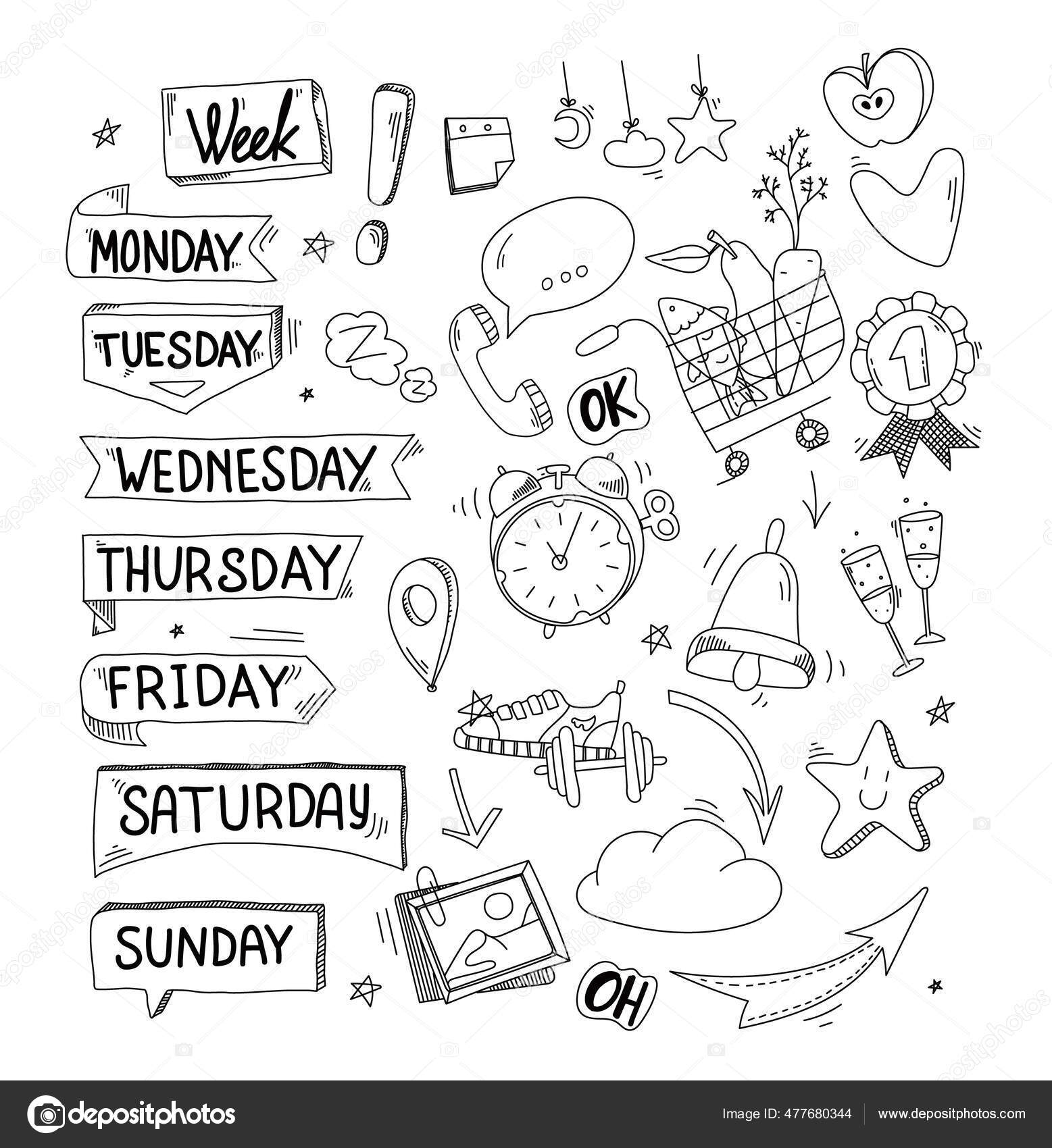 Stickers for week planner, Monday, Tuesday, Friday, Sunday. doodle and ...