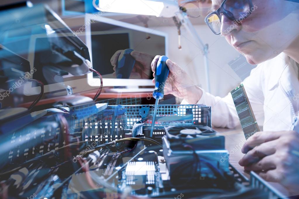 Computer Technician repairing Hardware throw the window image Stock ...