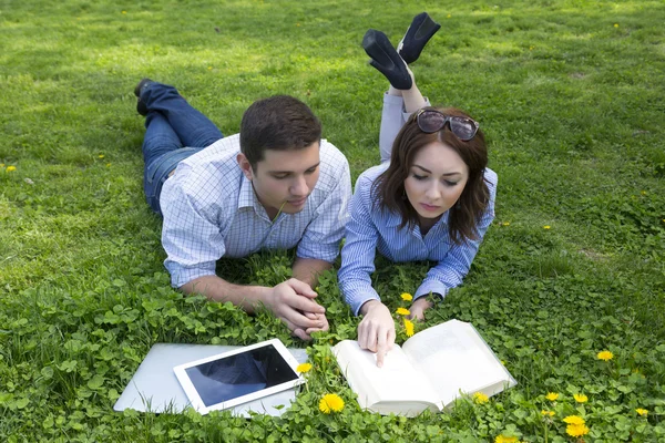 Grass and flowers and two people reading - Stock Image - Everypixel
