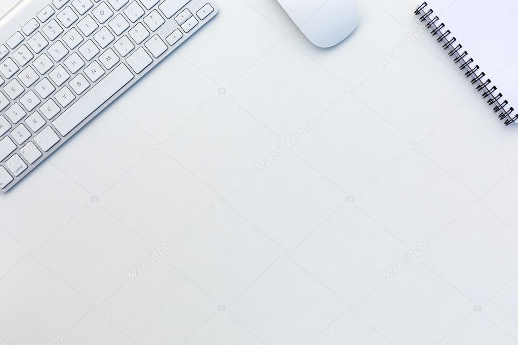 Office White Table with Computer Keyboard Mouse and Notepad Top View ...