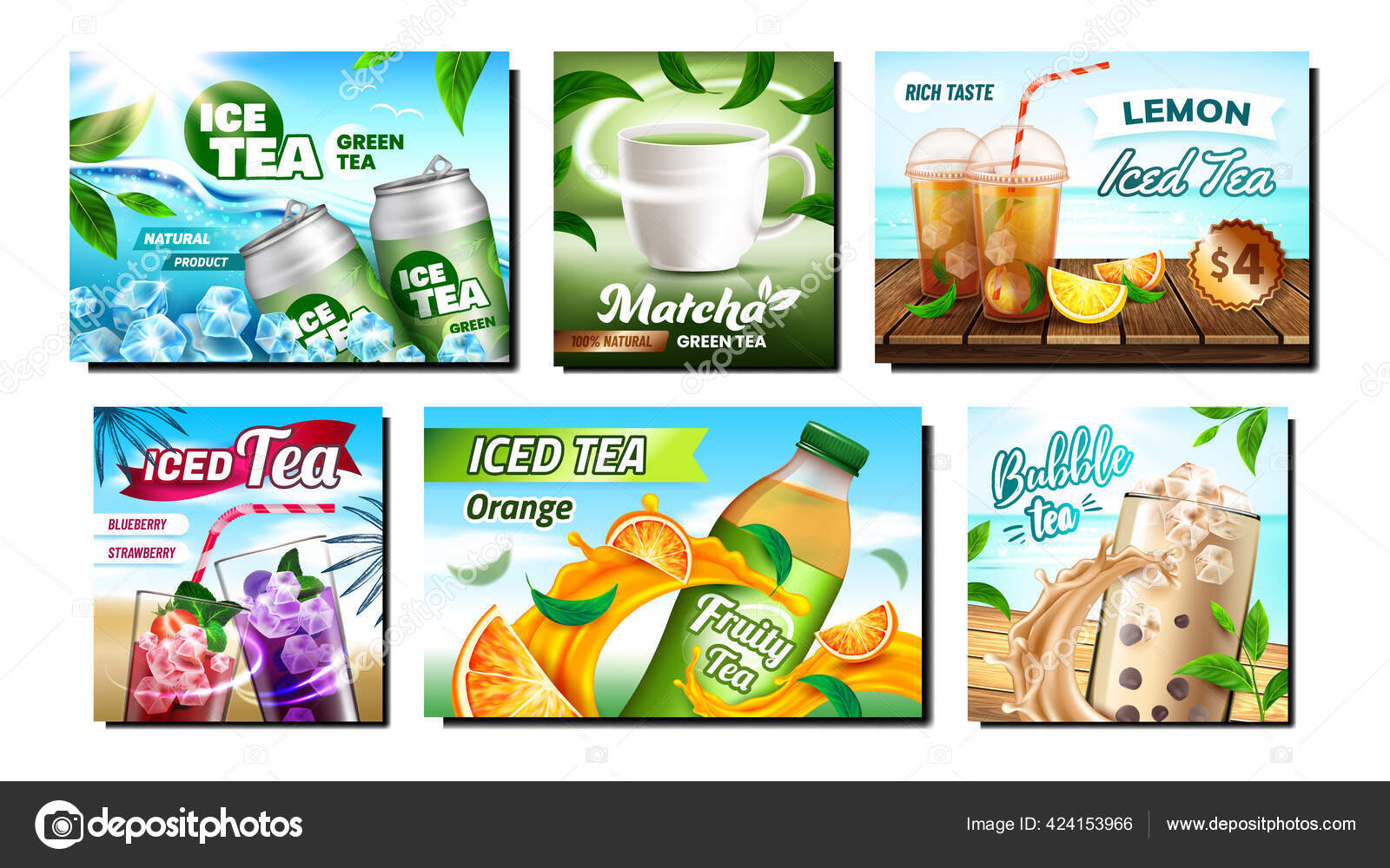 Ice Tea Creative Promotional Posters Set Vector Stock Vector Image by ...