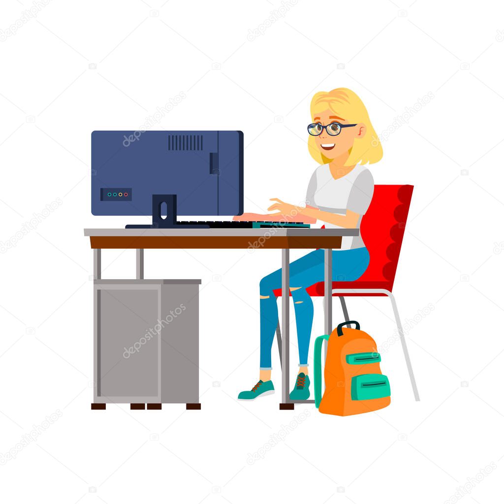 joven estudiante comprobar resultado de la prueba en línea en el vector ...