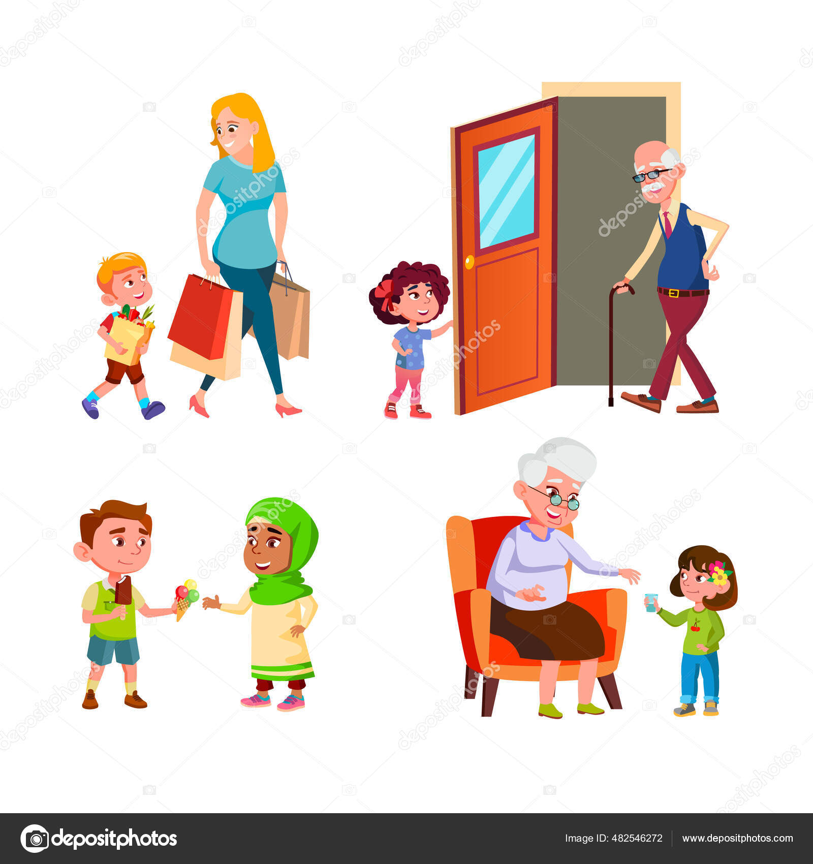 Kids Good Manners Different Situations Set Vector Son Help Mother Stock ...