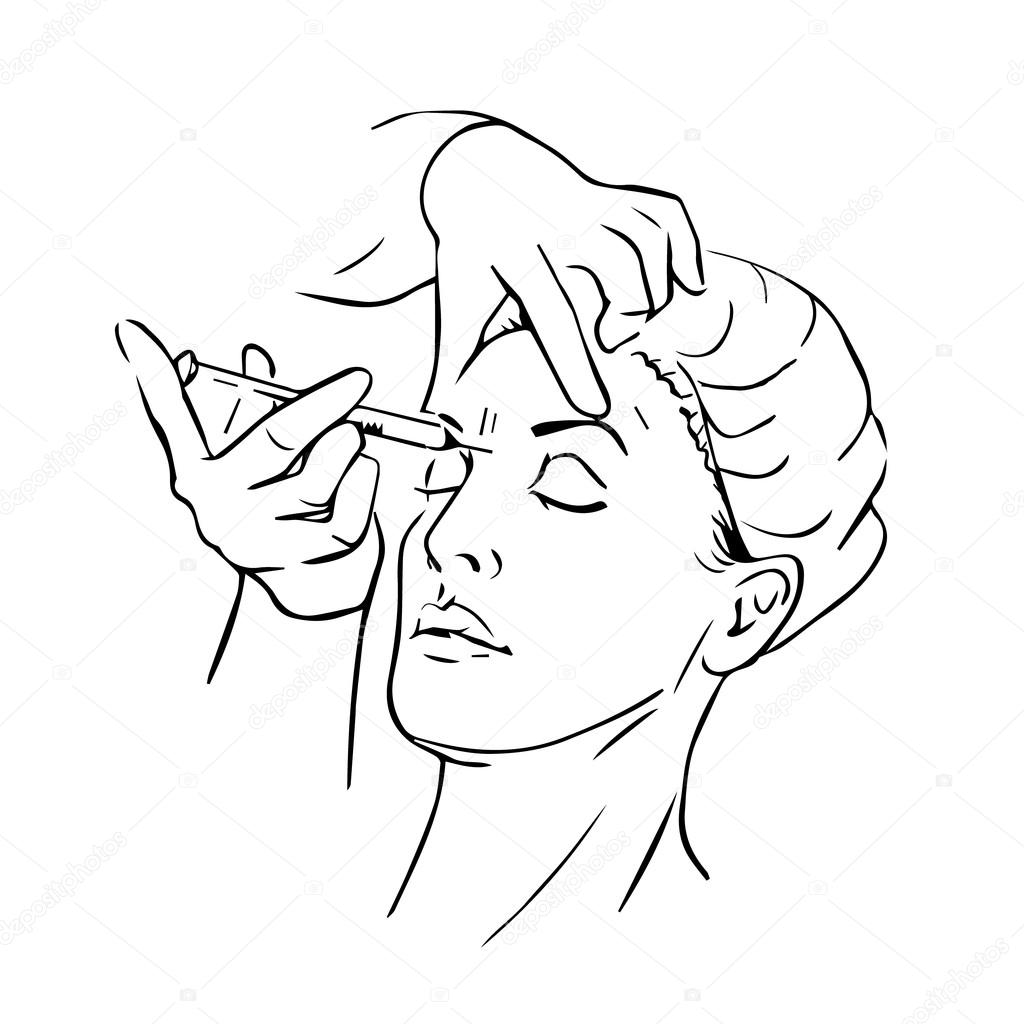Cosmetic injection in the female face. Vector outline illustration ...