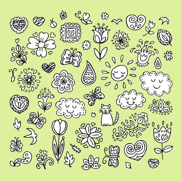 Spring doodles set. Hand draw flowers, sun, clouds, butterflies. Season ...