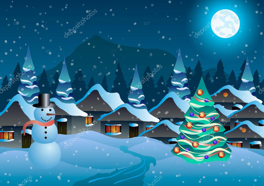 Vector illustration. Village, snowman and christmas tree in the snow ...