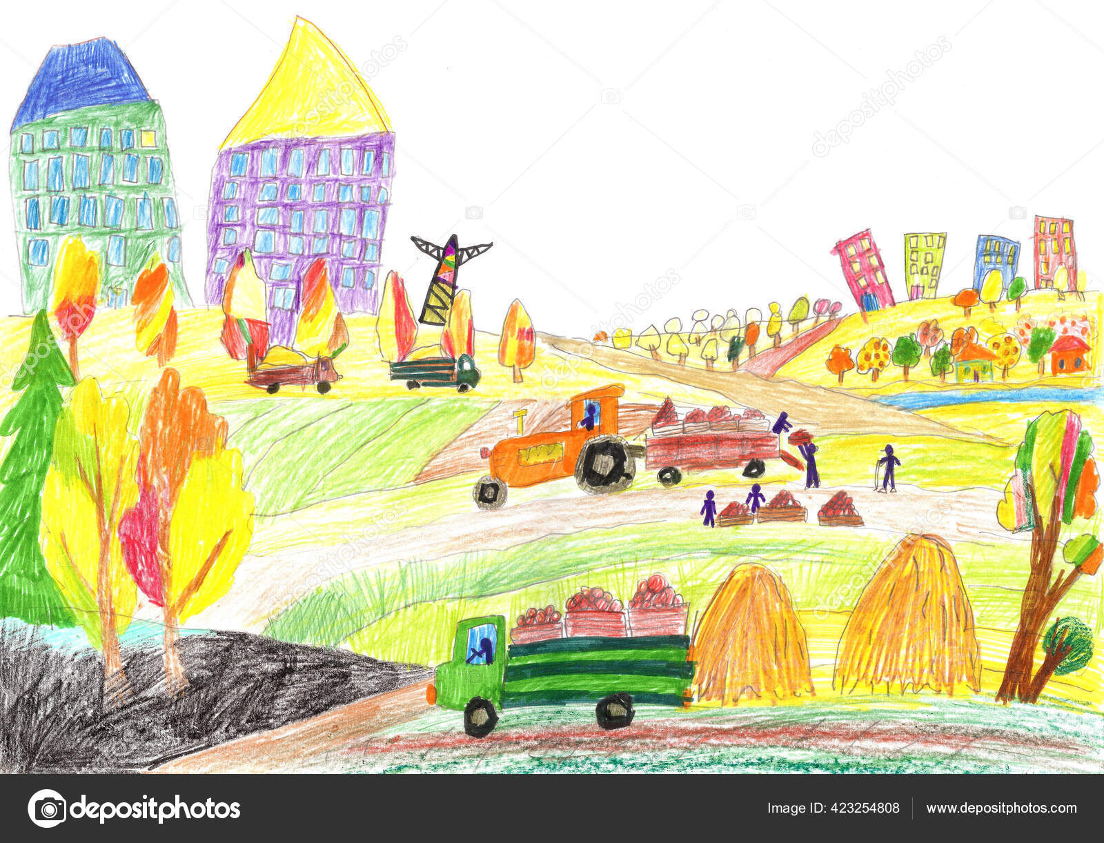 Tractor Trailer Working Field Car Truck Moving Alongside Harvesting ...