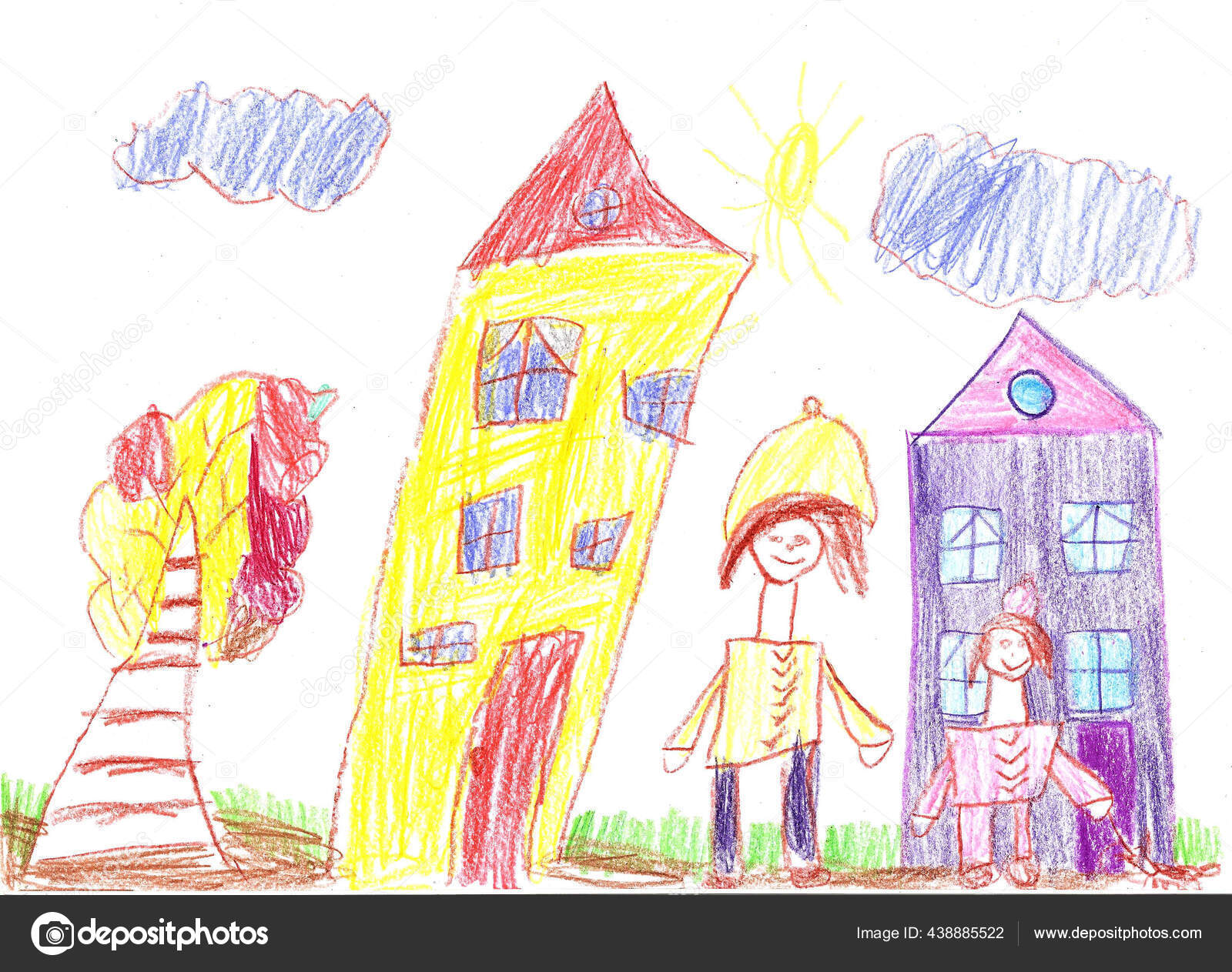 Child's Drawing Happy Family Walk Outdoors Pencil Art Childish Style ...