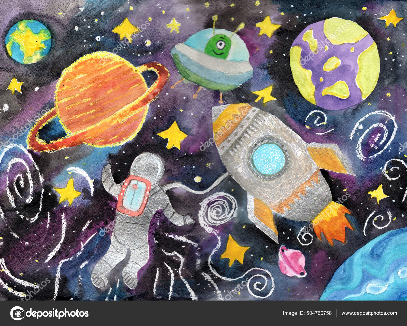 Hand Drawn Flight Rocket Astronaut Alien Universe Space Planets Pencil ...