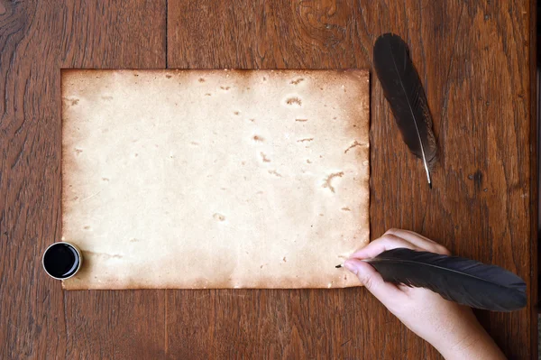 Old paper with feather on brown wood texture — Stock Photo © nimon_t ...