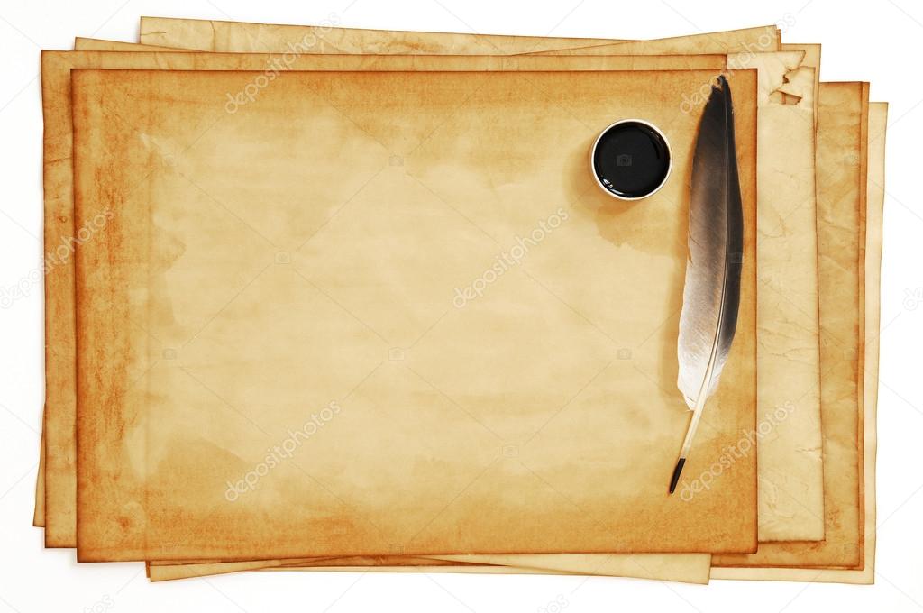 Old paper with feather isolated on white background Stock Photo by ...