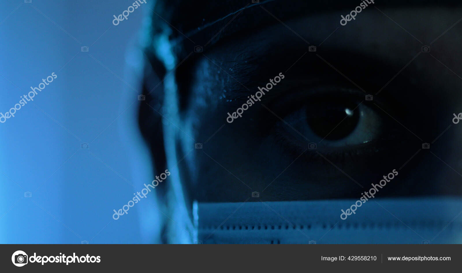Cropped Shot Man Low Light Eye Medical Mask Face Stock Photo by ...