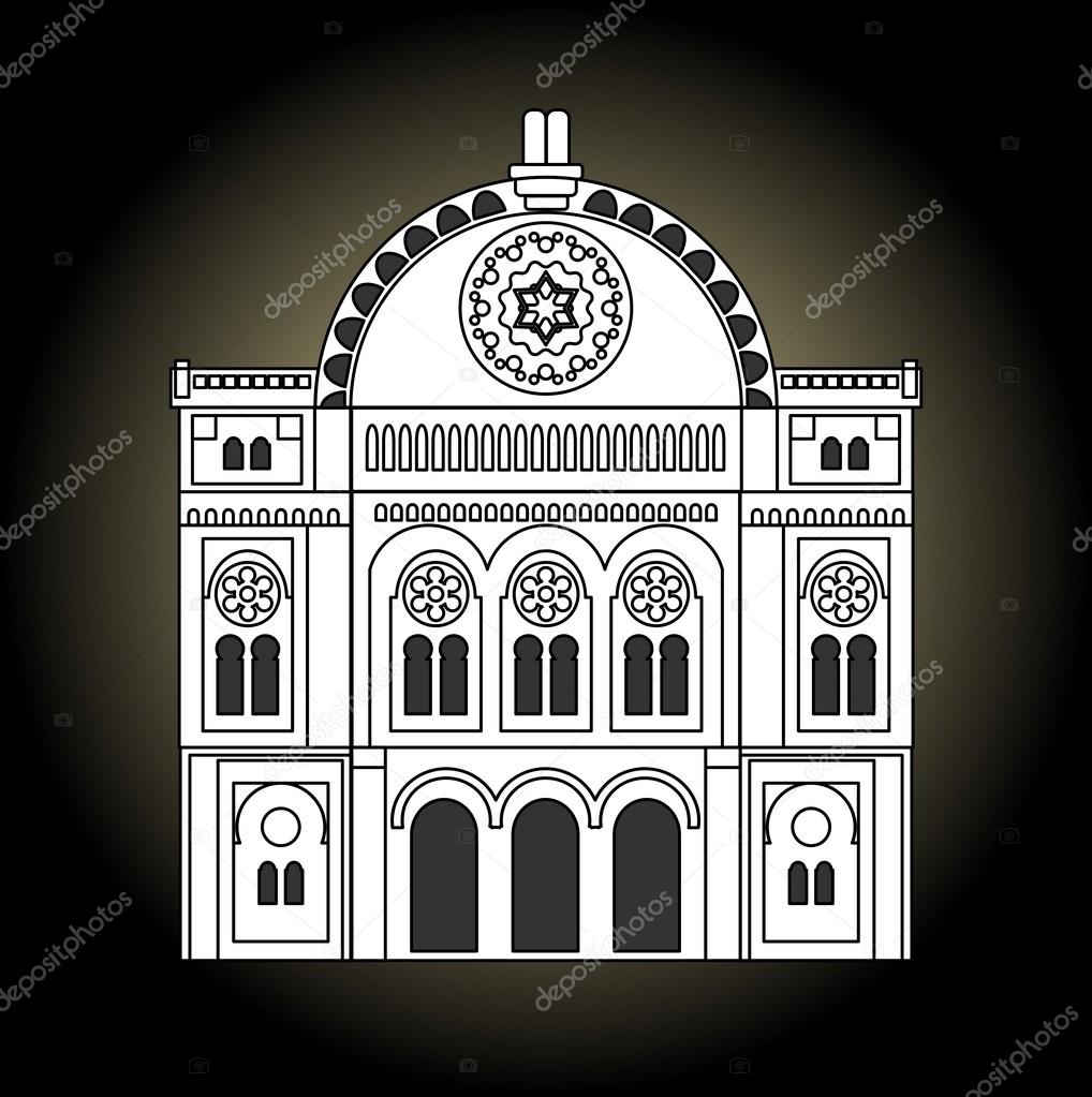 Synagogue, black and white drawing. Facade of the synagogue in the ...