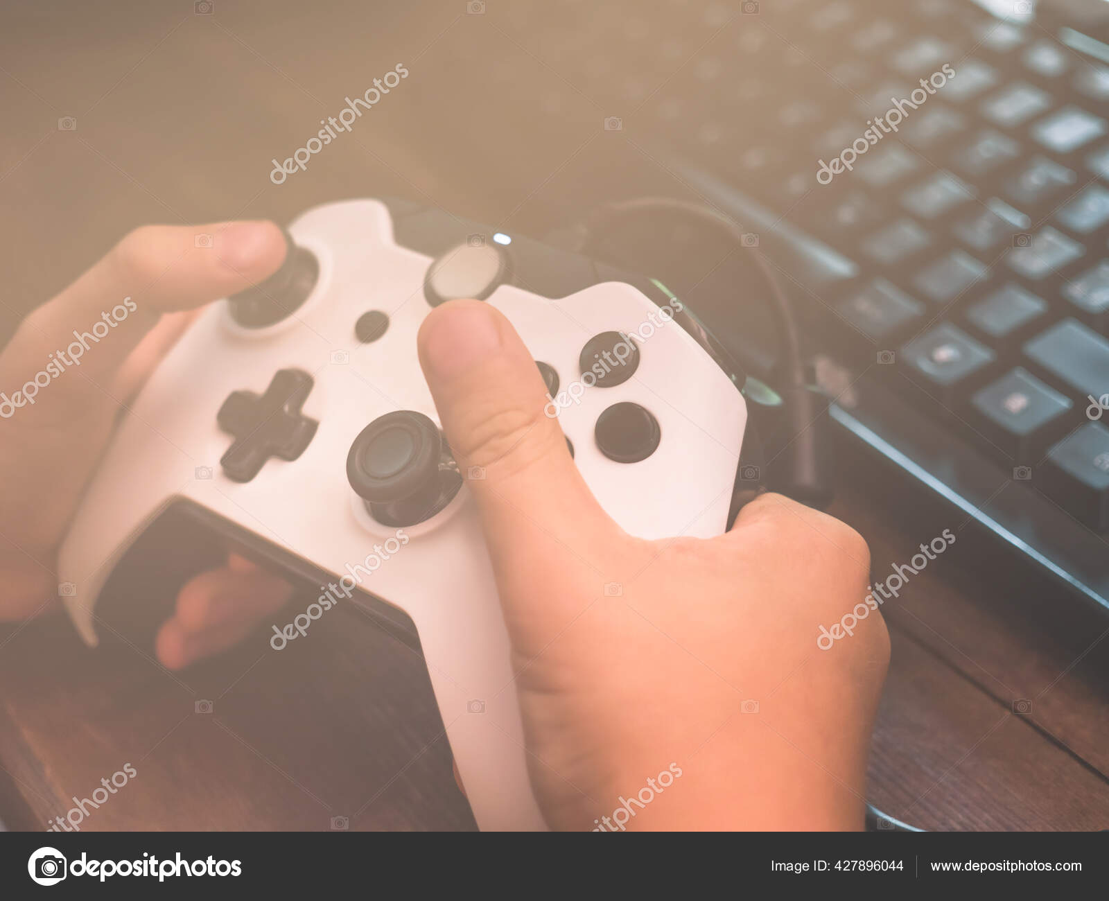 Little kid playing with joystick in front of PC — Stock Photo ...