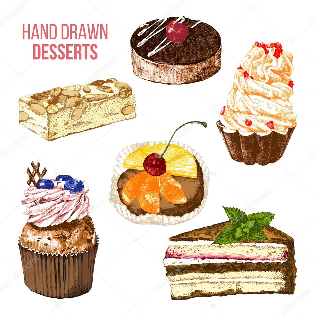 Conjunto de postres dibujados a mano — Archivo Imágenes Vectoriales ...