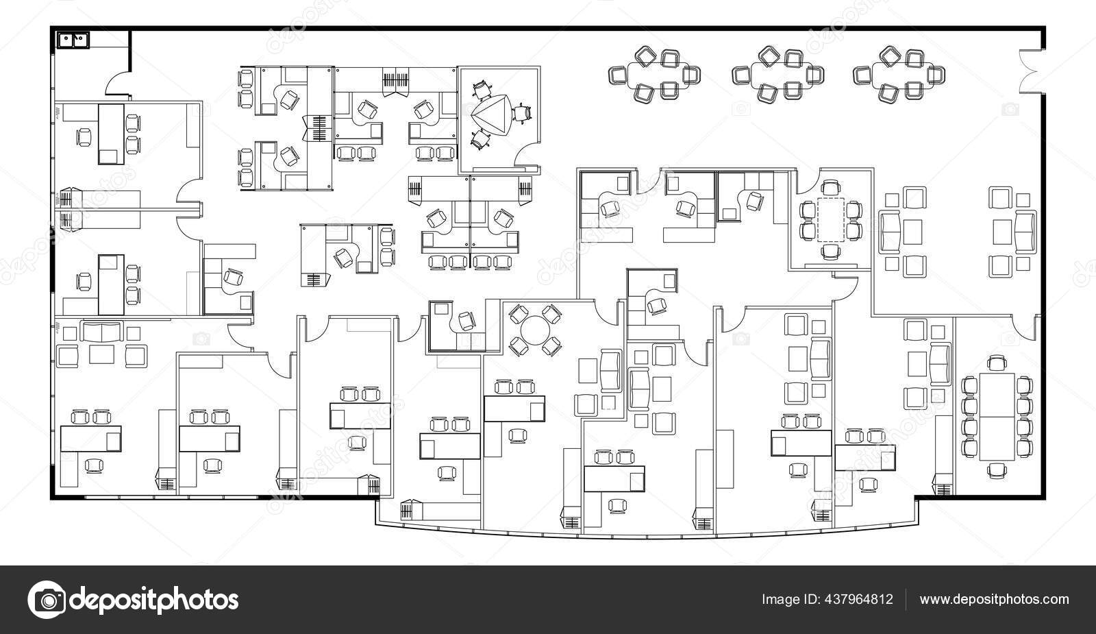 Kontor Layout Tegning Komplet Med Kontormøbler Cad Tegning Tegning Sort ...