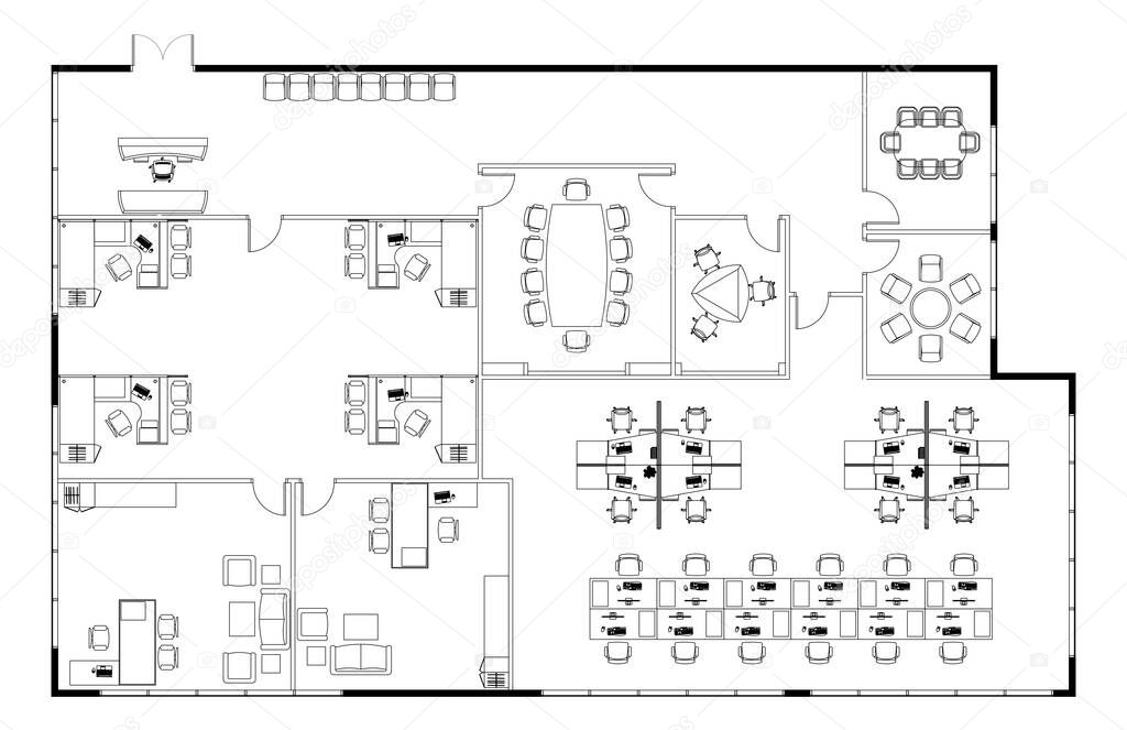 Un dibujo de diseño de oficina completo con los muebles de oficina en ...