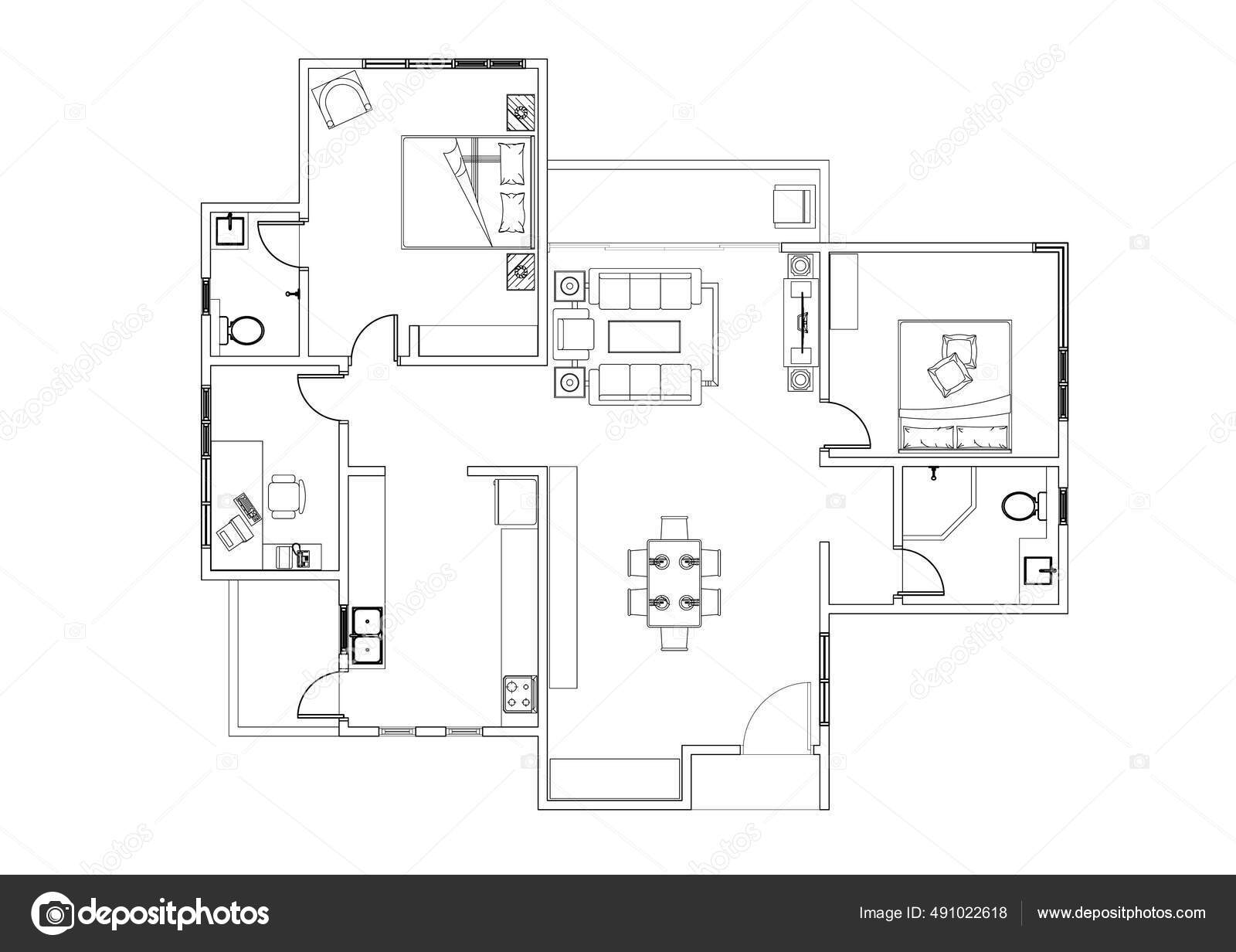 Plano Diseño Casa Cad Con Dormitorio Doble Completo Con Baños — Foto de ...