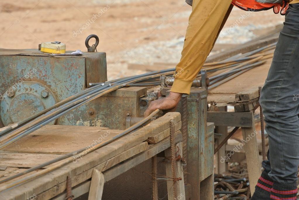 Construction workers working at Steel bar bending yard — Stock Photo ...