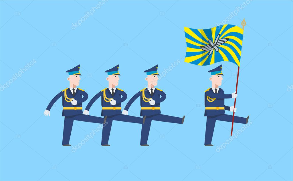 Pilotos en uniforme marchando en el desfile. A la cabeza del comandante ...