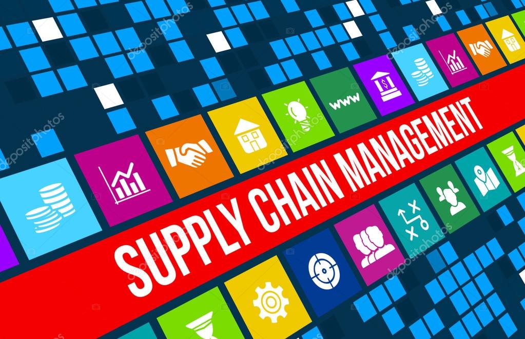Supply chain management concept image with business icons and copyspace ...