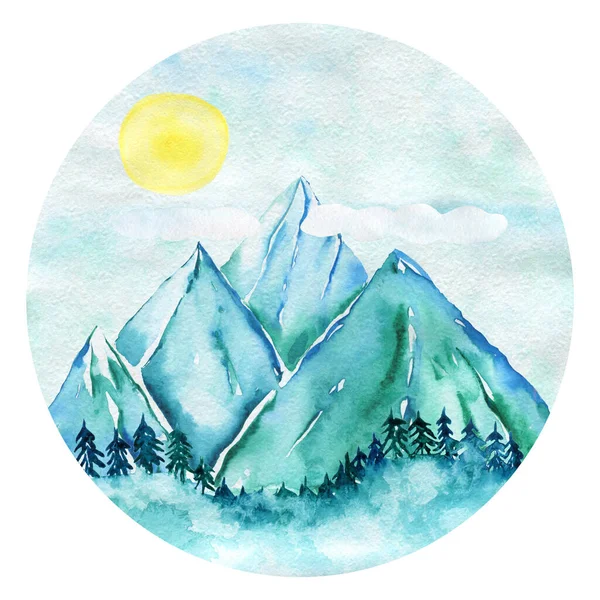 Watercolor landscape in a circle, with a sun, mountains and a forest ...